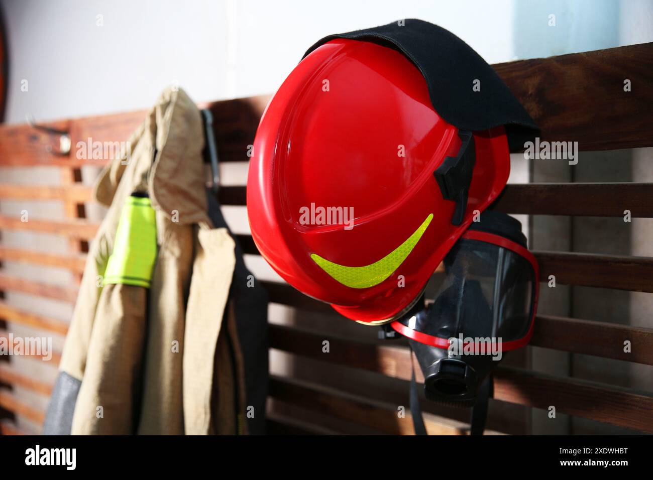 Firefighter`s uniform, helmet and mask at station Stock Photo - Alamy