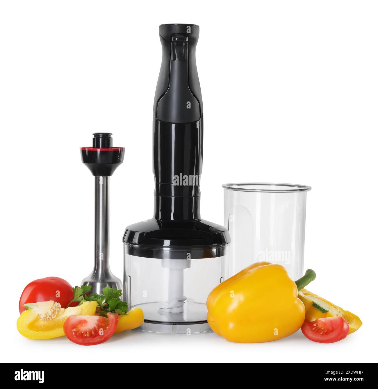 Hand blender kit and fresh vegetables isolated on white Stock Photo - Alamy