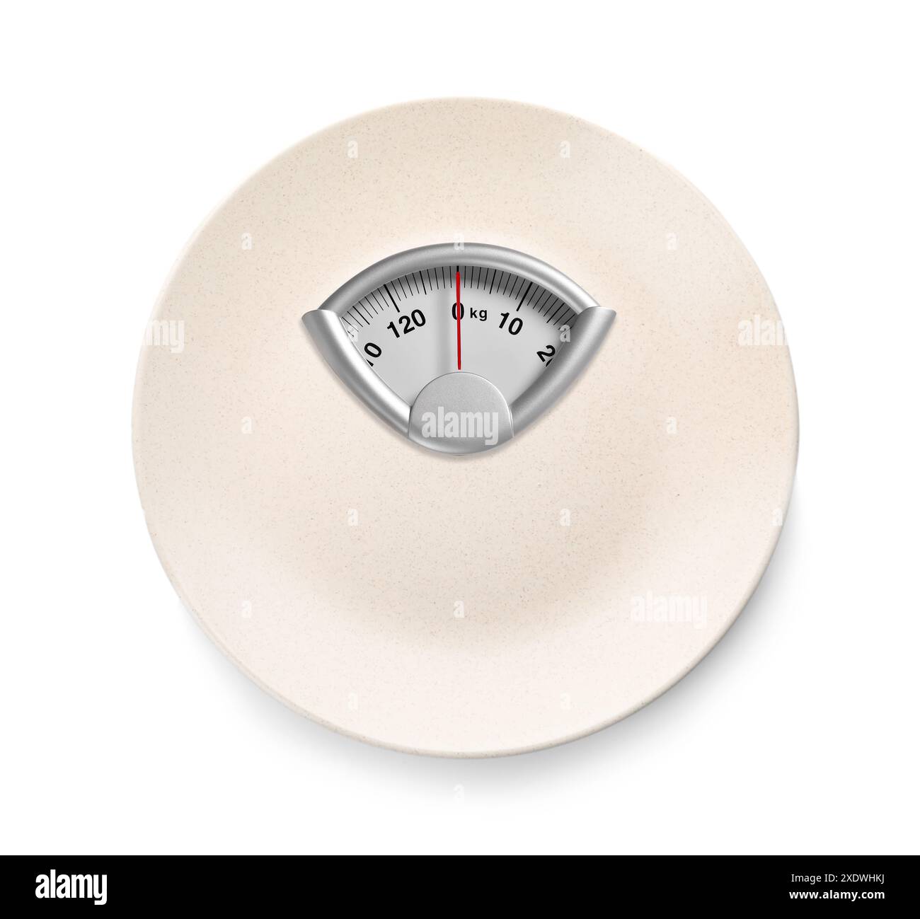 Plate with analog weighing scale display isolated on white, top view ...