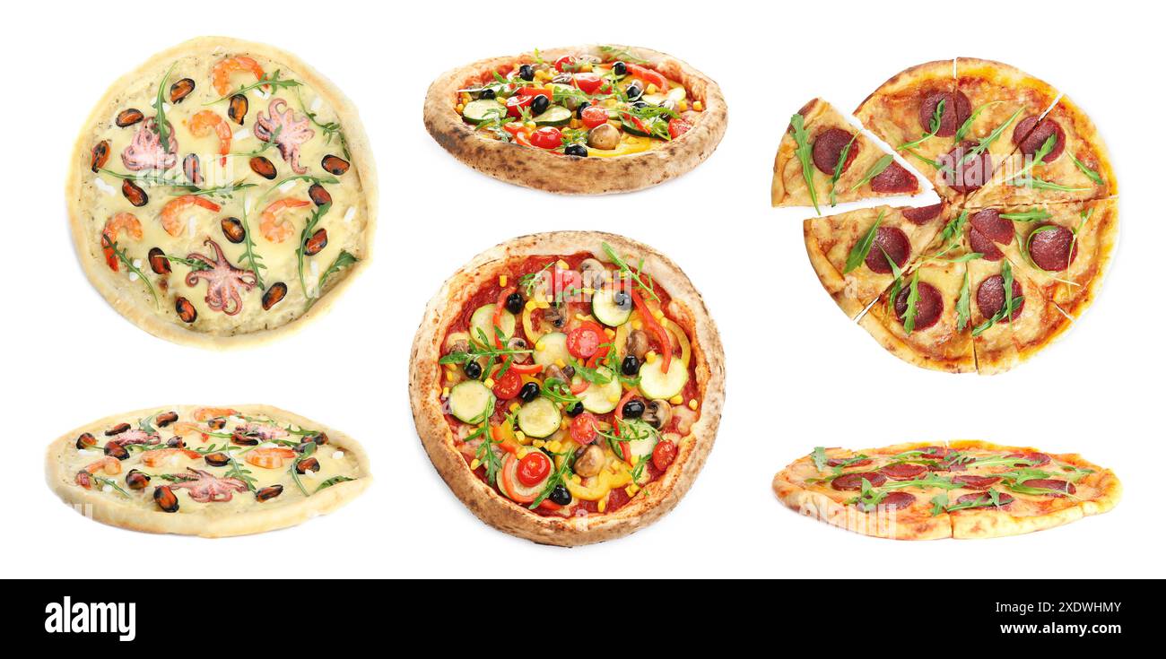 Different tasty pizzas isolated on white, collection Stock Photo - Alamy