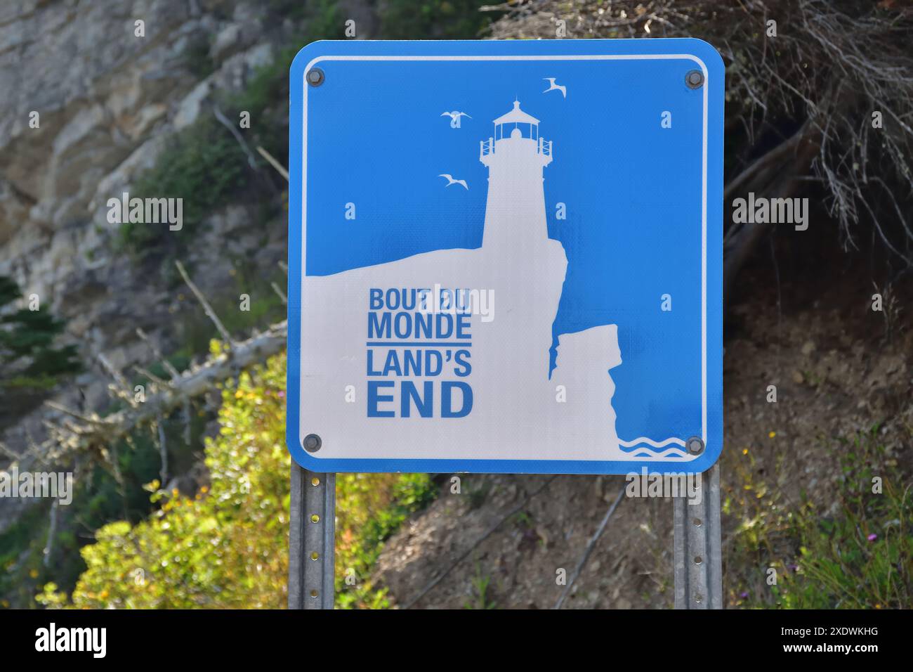 Blue sign indicating Land’s End location. Famous hiking trail in ...