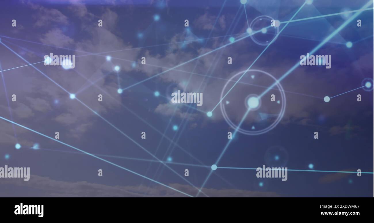 Image of network of connections and light trails against clouds in the ...