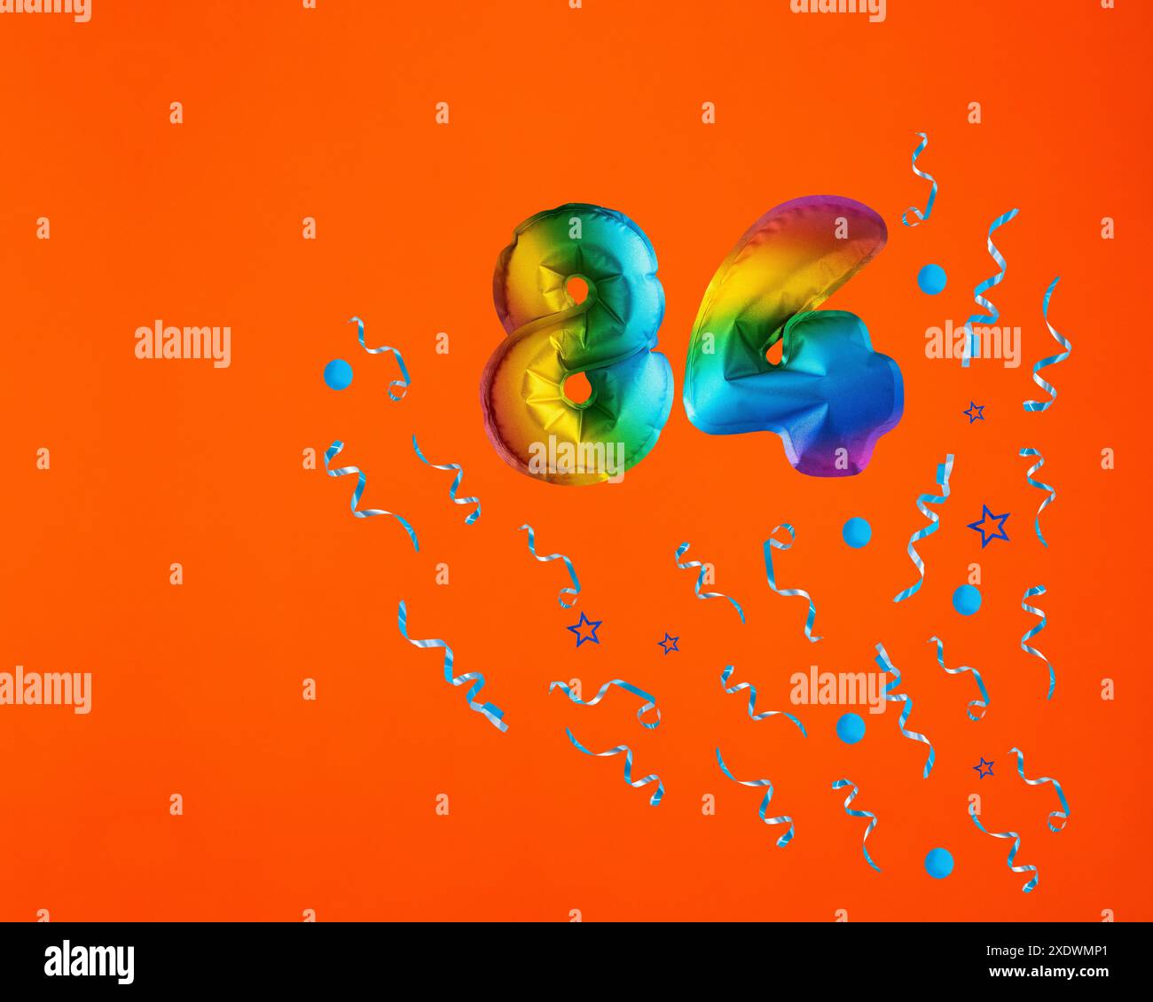 Multicolor balloon number 84 - Confetti explosion on orange background ...