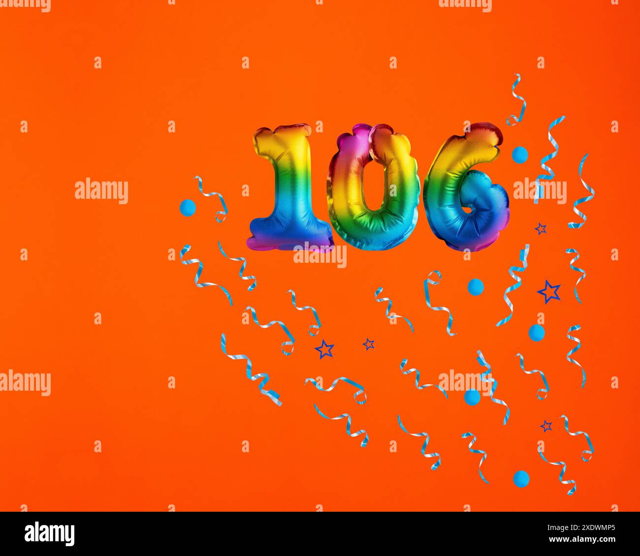 Multicolor balloon number 106 - Confetti explosion on orange background ...