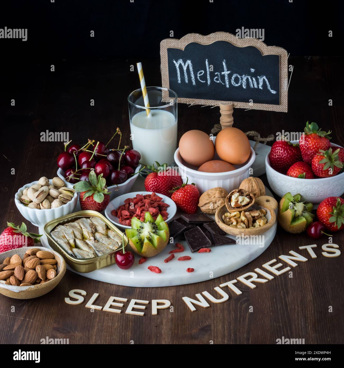 A variety of foods high in melatonin for healthy sleep Stock Photo - Alamy