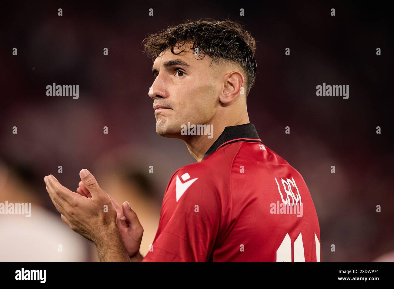 Dusseldorf, Germany. 24th June, 2024. Qazim Laci of Albania claps after ...