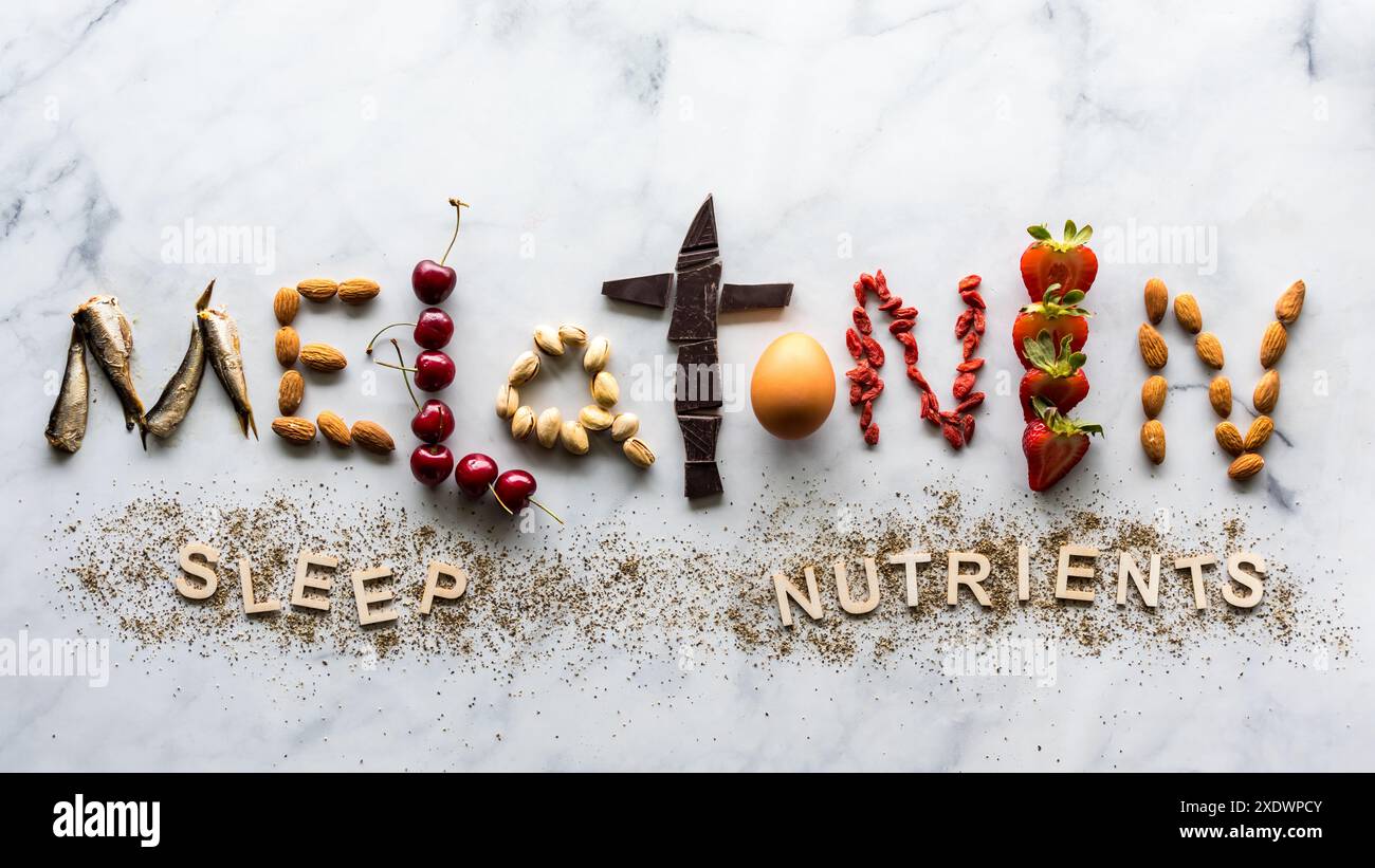 The word melatonin spelled out using foods for boosting melatonin in ...