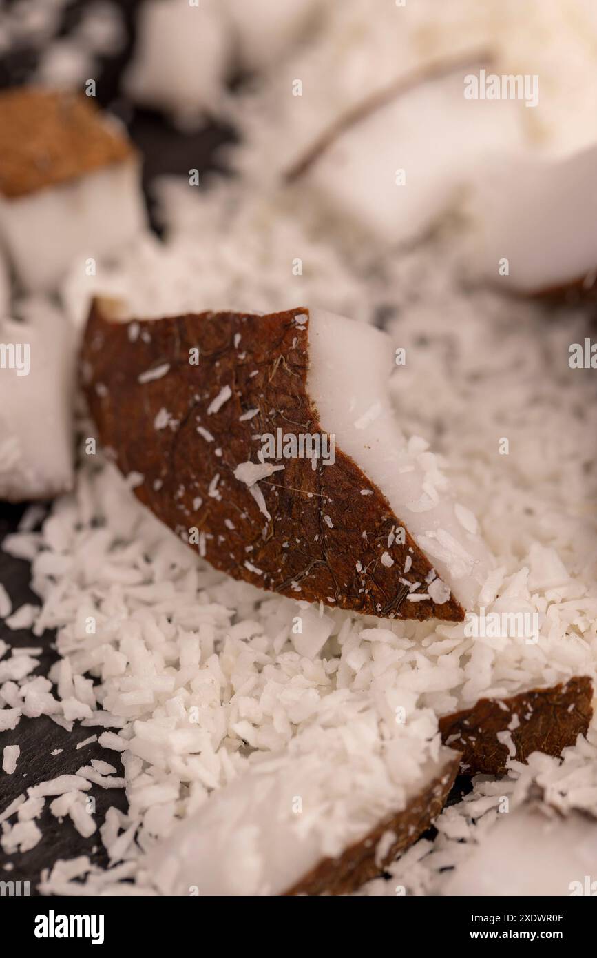 white coconut pulp and dried coconut flakes, a close-up of which is ...