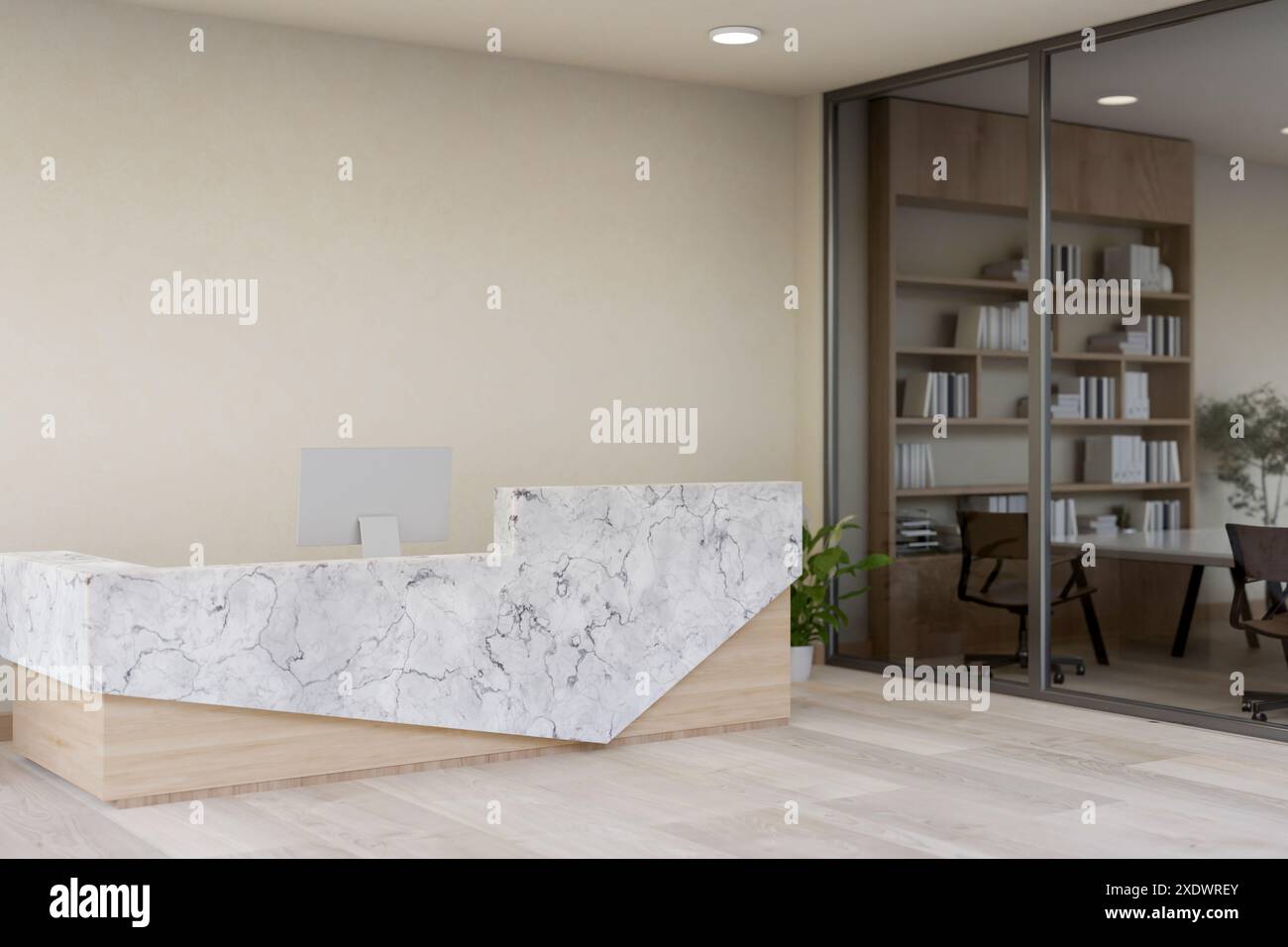 The interior design of a modern office entrance hallway features a ...