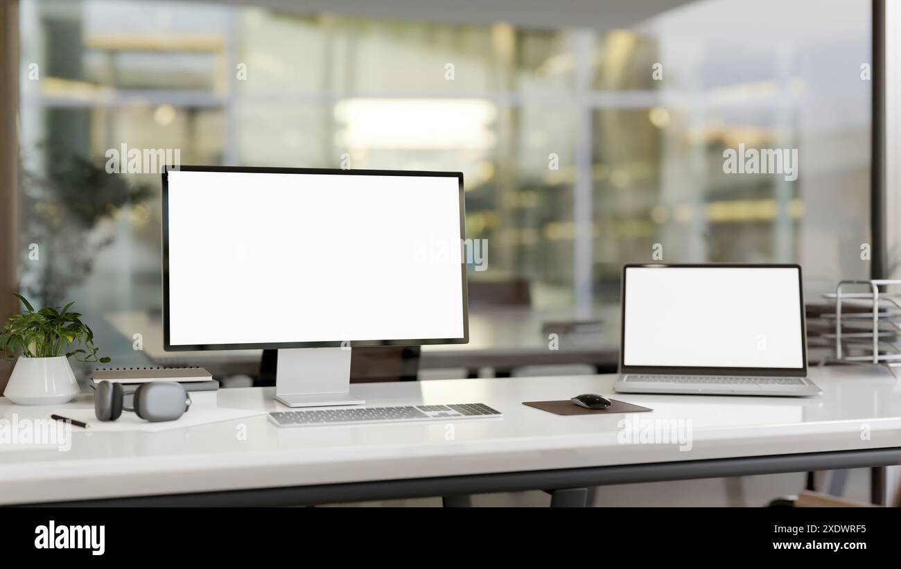 A computer desk in a modern office room features a computer and a ...