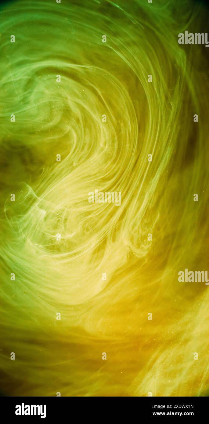 Smoke vortex. Ink cloud. Blur neon yellow green color glowing haze ...