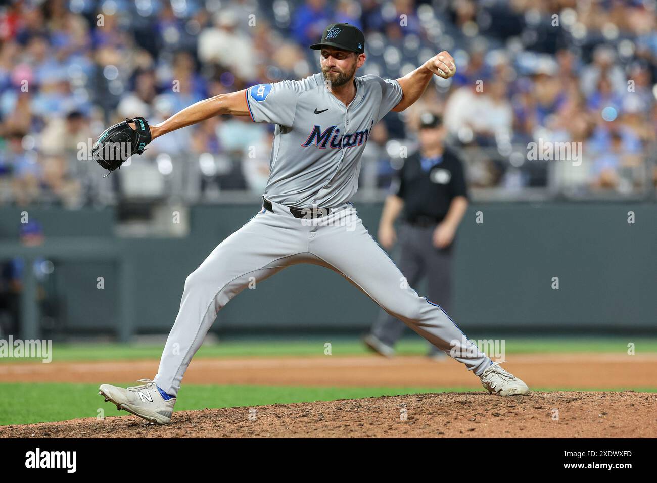 Kansas City, MO, USA. 24th June, 2024. Miami Marlins pitcher Kent ...