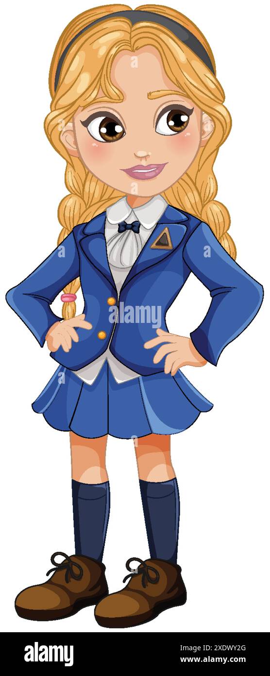 Blonde girl in blue school uniform standing confidently Stock Vector ...