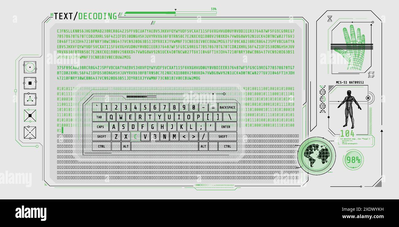 Data entry and text decoding on futuristic interface screen Stock ...
