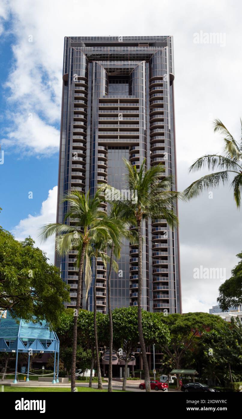 Honolulu, Hawaii - February 23rd, 2024: One of the two aparment towers ...