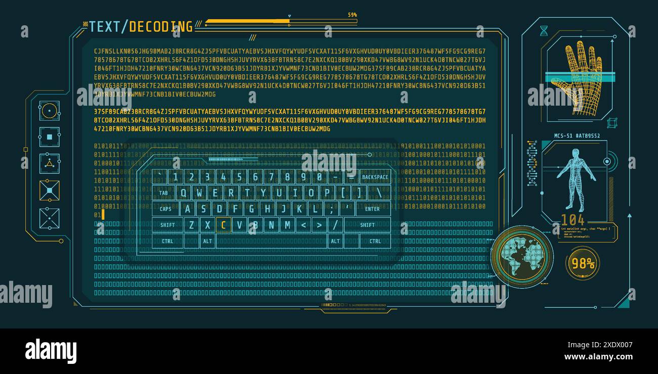 Data entry and text decoding on futuristic interface screen Stock ...