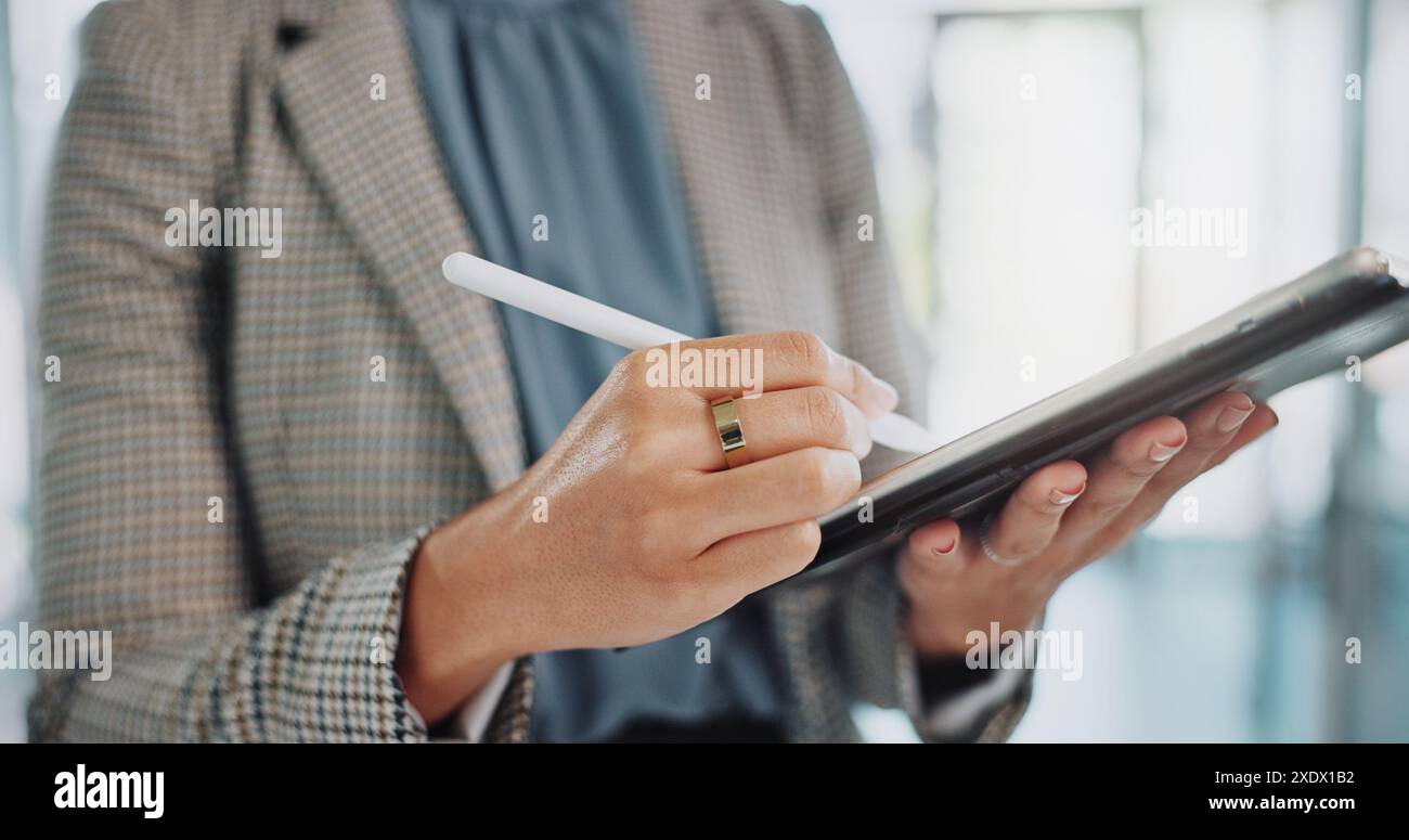 Office, hands and business person with tablet for news research ...