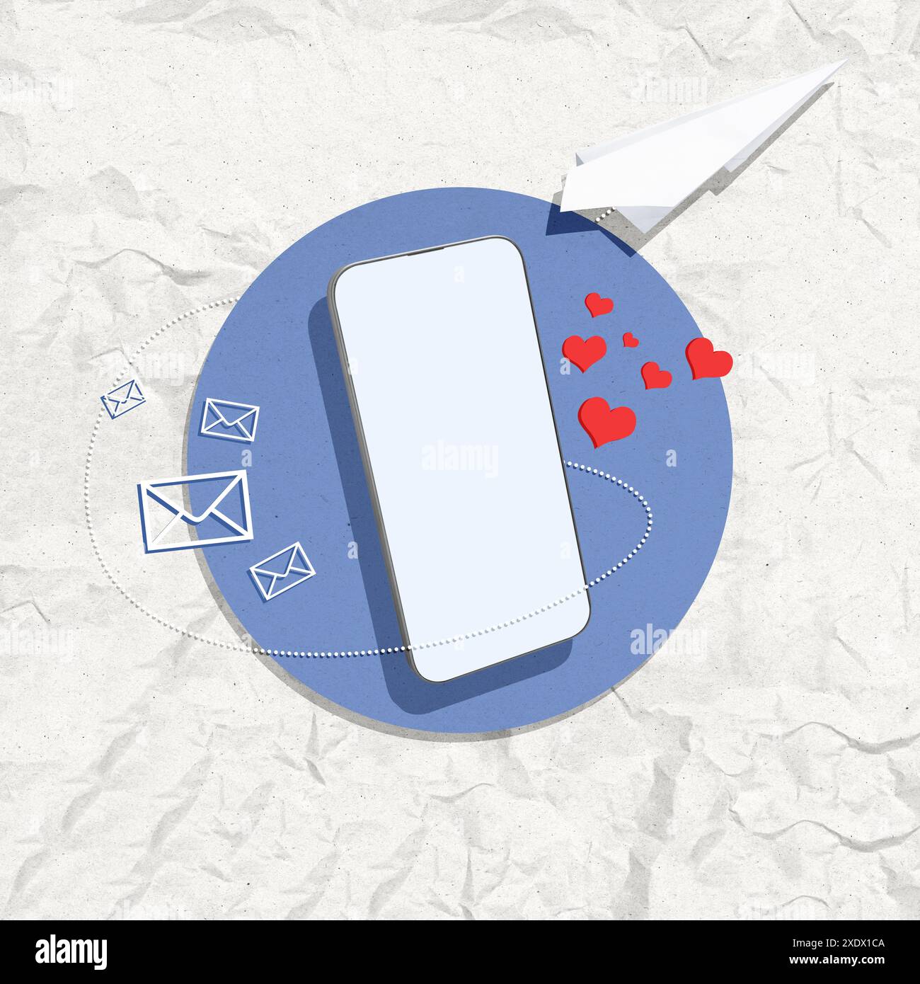 A paper plane flying through a mobile phone screen on a colored ...