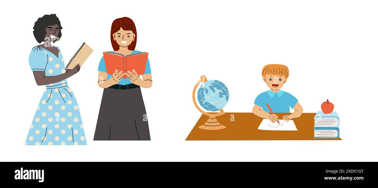 Back to school concept elements set. Online school kid and teachers ...