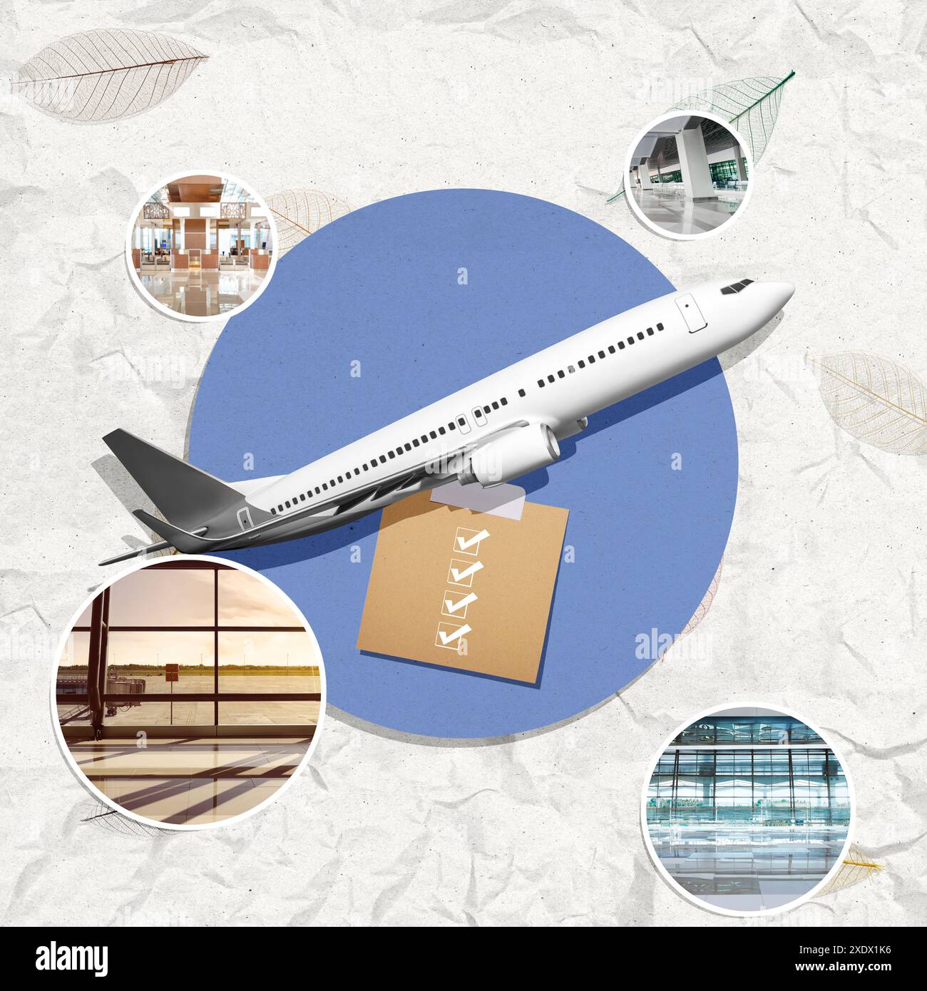 Flying passenger airplane with airport building on a colored background ...