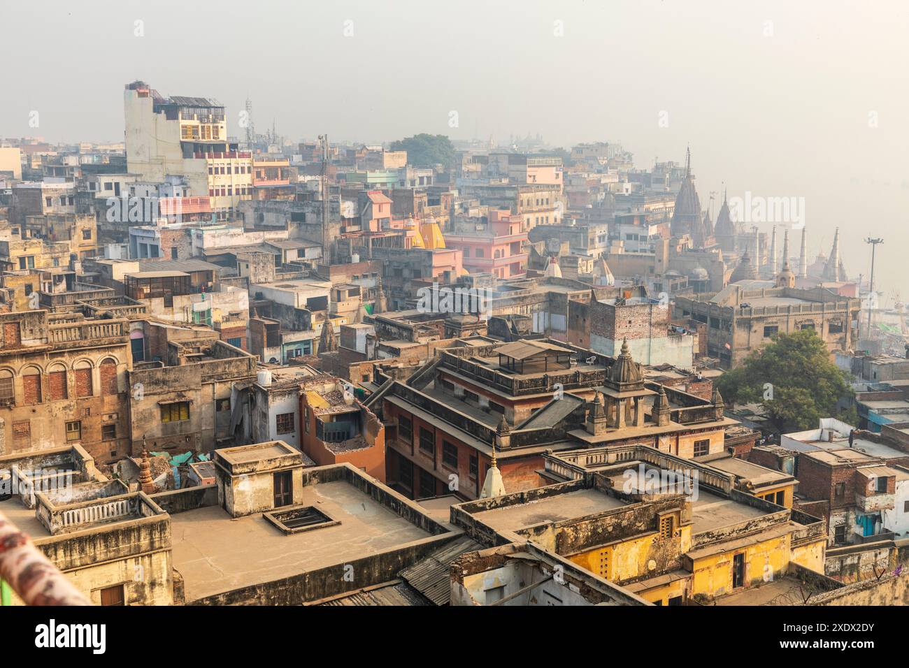 India, Uttar Pradesh, Varanasi. Overview of a section of the city near ...