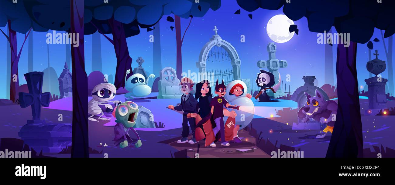 Children scared on graveyard at Halloween cartoon background. Danger at ...