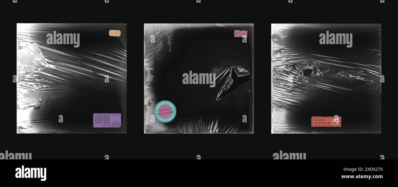 Torn plastic film covers set for music album isolated on black ...
