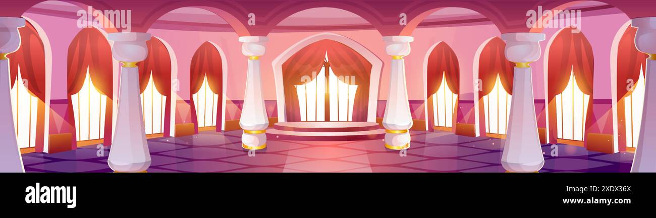 Royal palace ballroom with marble pillars and red curtains on windows ...