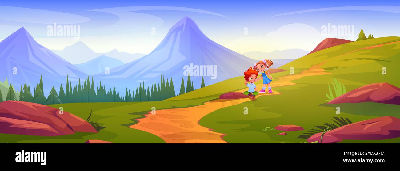 Boy feel pain after fall and girl help in mountain cartoon illustration ...
