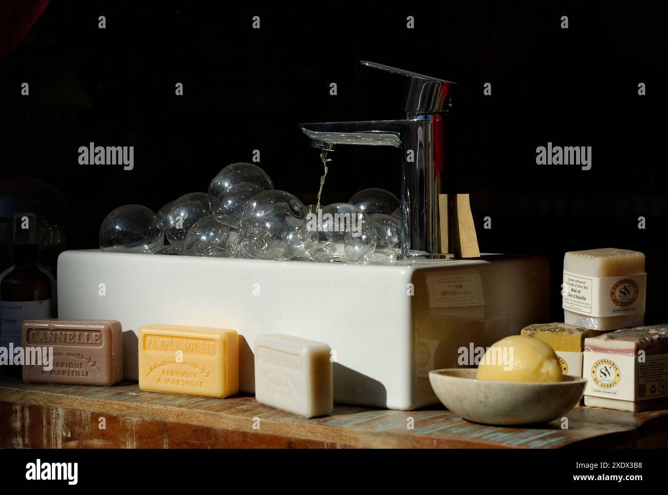 Shop display selling natural soap products in Wells, Somerset Stock ...