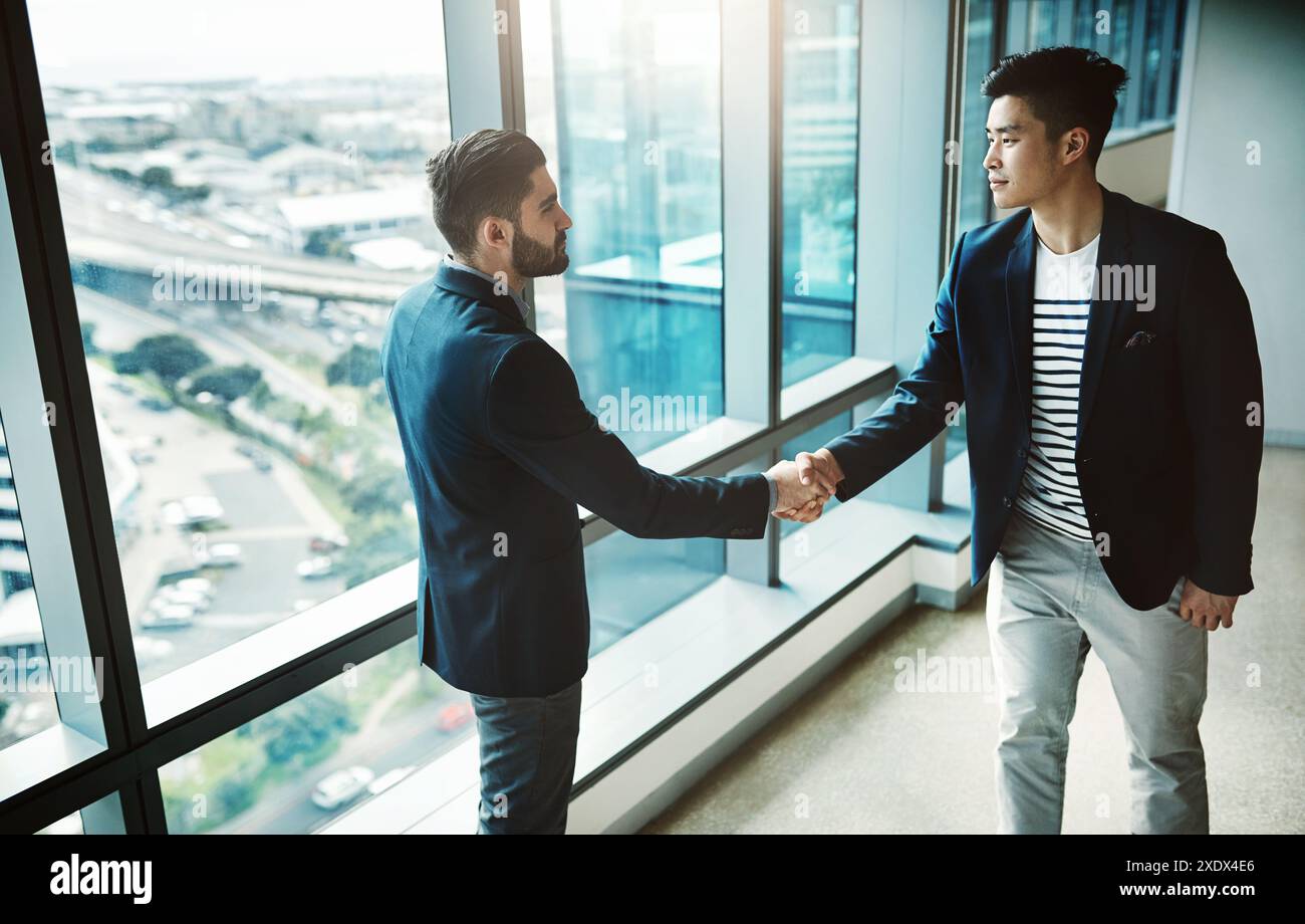 Thank you, handshake or business people at airport for travel, meeting ...