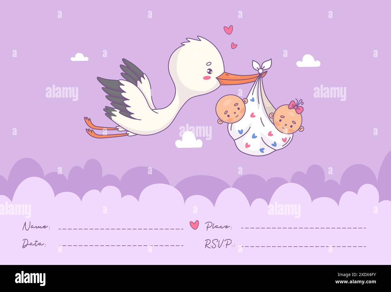 Baby shower card. Cute flying stork and two twin babies girl and boy ...