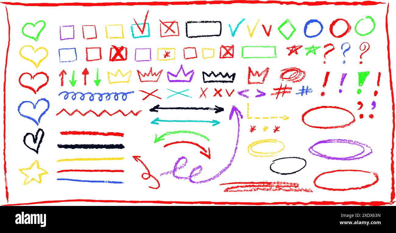 Colorful underline pencil hand drawn various ellipses, punctuation ...