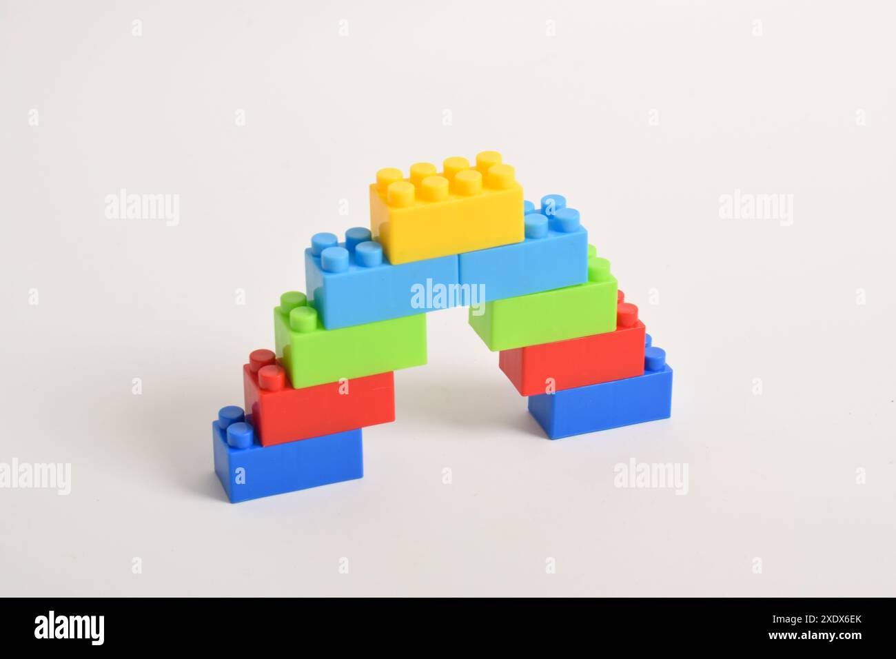 A rainbow color lego stairs isolated on white background. Building ...