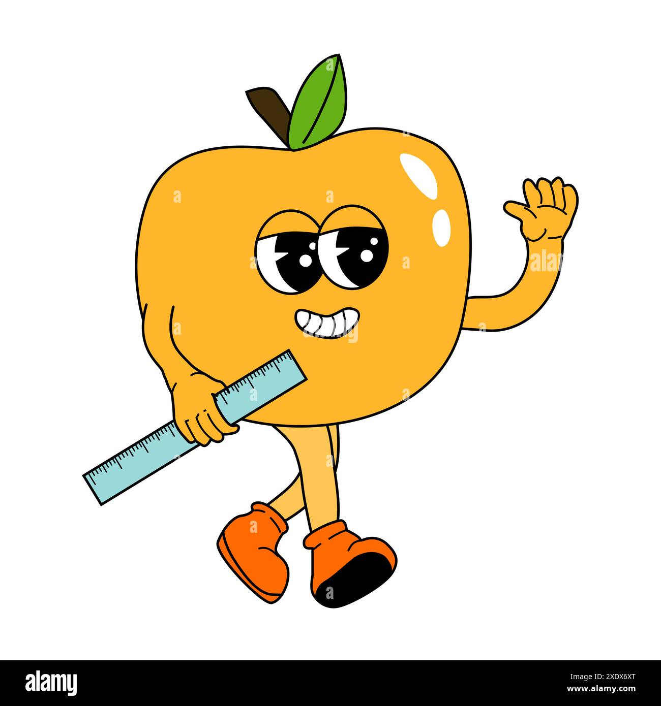 Childrens school supply - cartoon apple in retro groovy style. Funny ...