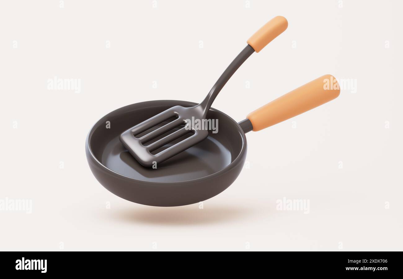 Cartoon style kitchen ware pan and spatula, 3d rendering. 3D ...