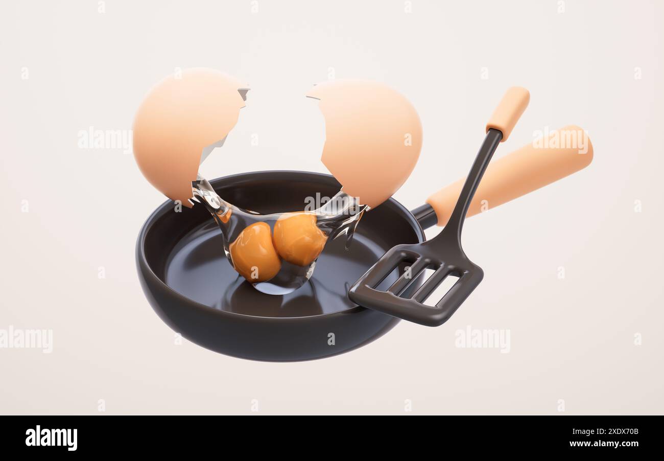 Cooking the egg in the pan, 3d rendering. 3D illustration Stock Photo ...