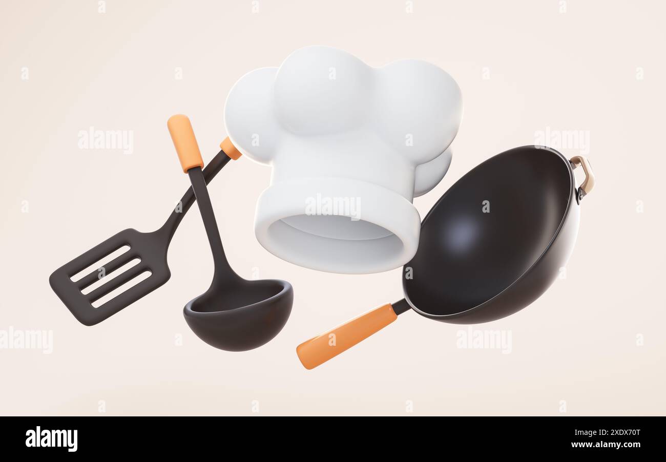 Cartoon style chef hat and kitchen ware, 3d rendering. 3D illustration ...