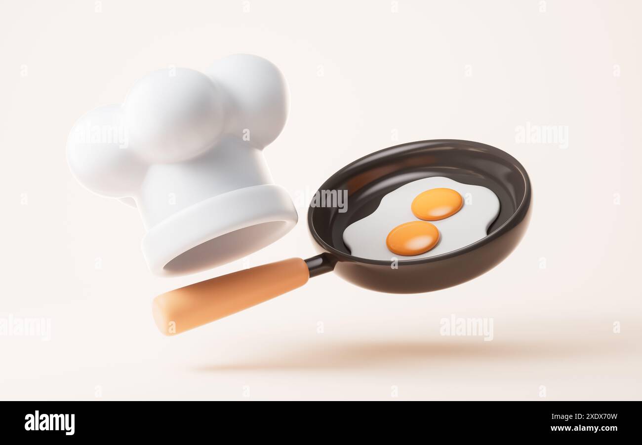 Cartoon style chef hat and cooking the egg, 3d rendering. 3D ...