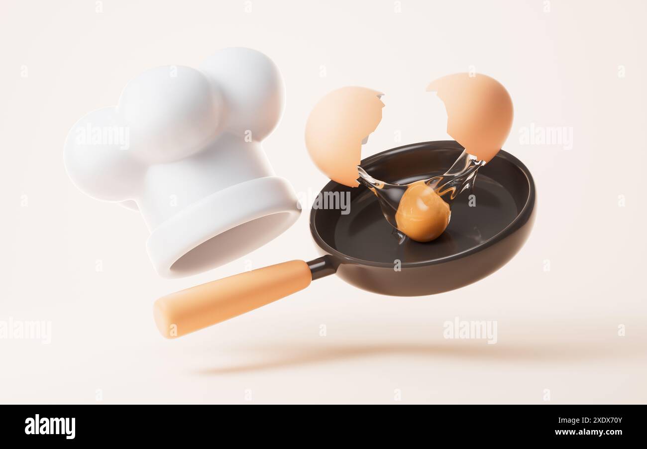 Cartoon style chef hat and cooking the egg, 3d rendering. 3D ...