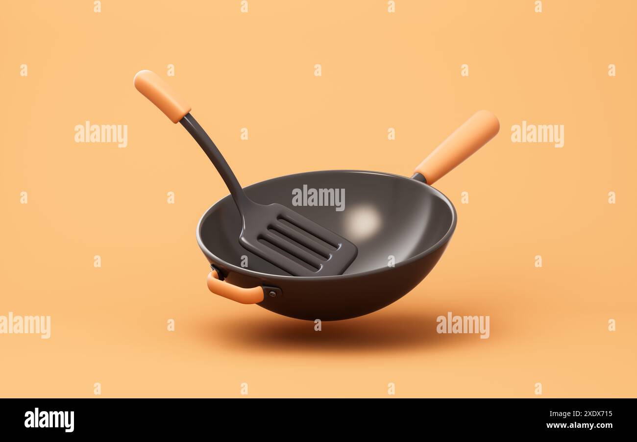 Cartoon style kitchen ware wok and spatula, 3d rendering. 3D ...