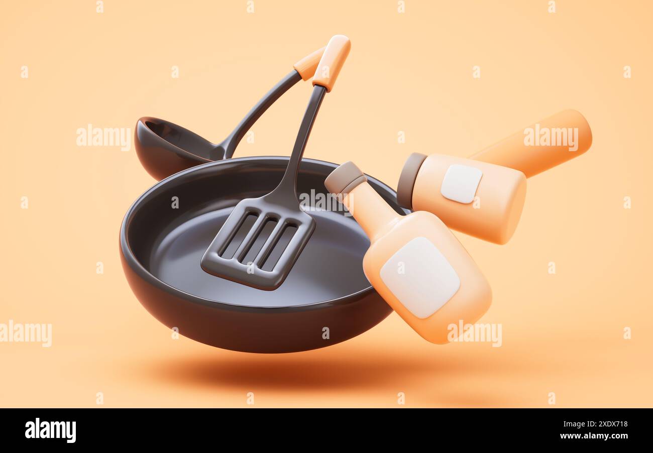 Cartoon style kitchen ware pan and cooking, 3d rendering. 3D ...