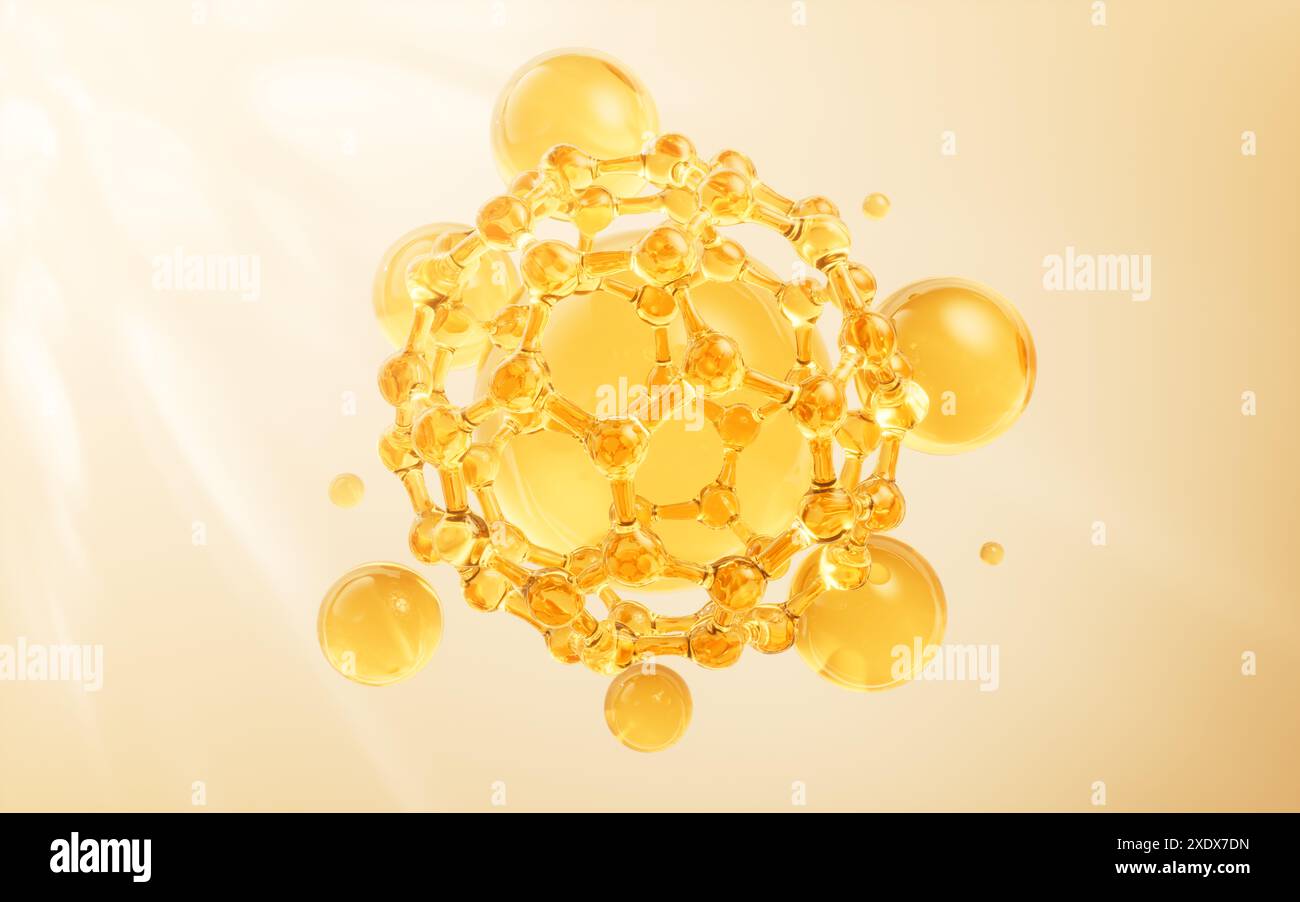 Molecule and golden liquid bubble, 3d rendering. 3D illustration Stock ...