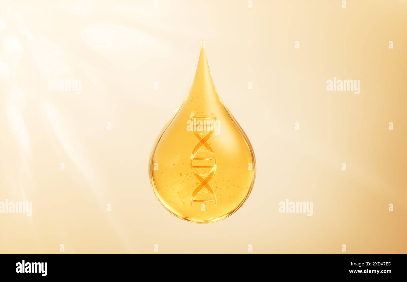Golden liquid water drop and molecule, 3d rendering. 3D illustration ...