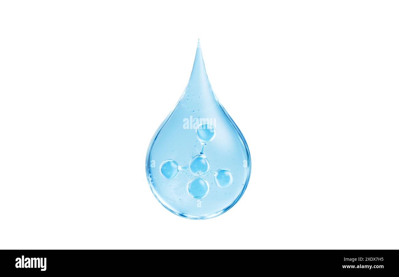 Blue liquid water drop and molecule, 3d rendering. 3D illustration ...