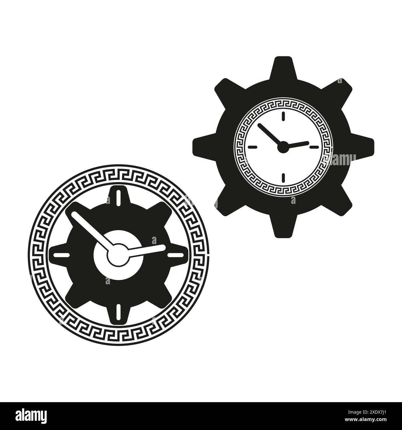 Clock gear icons. Black and white. Vector time symbols. Mechanical ...