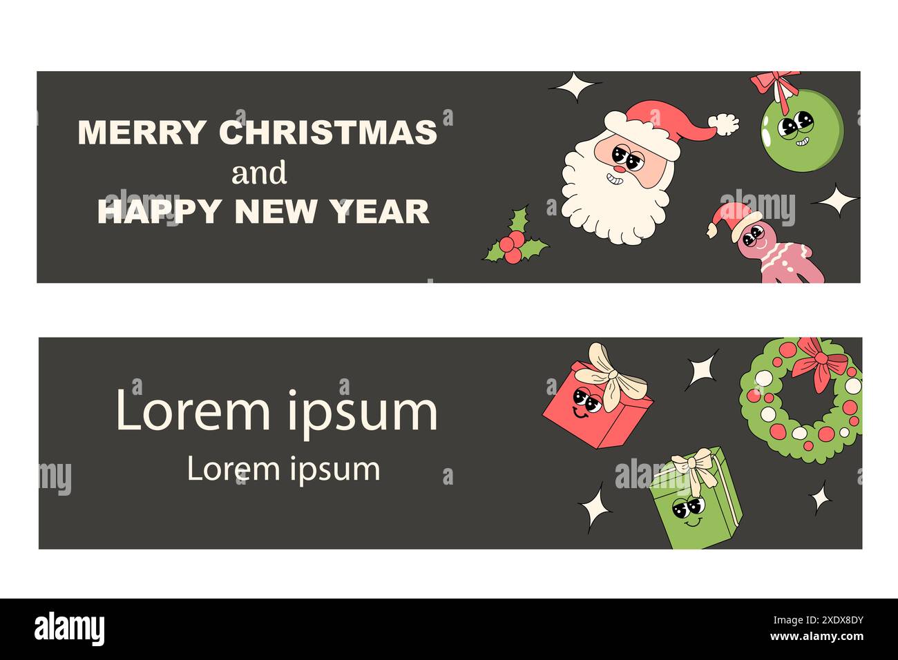 y2k new year banner with groovy characters santa and other holiday ...