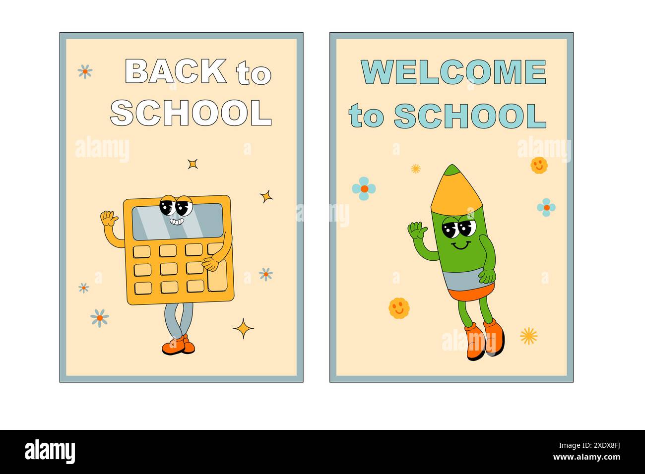 School posters set with groovy characters. Stationery with y2k school ...
