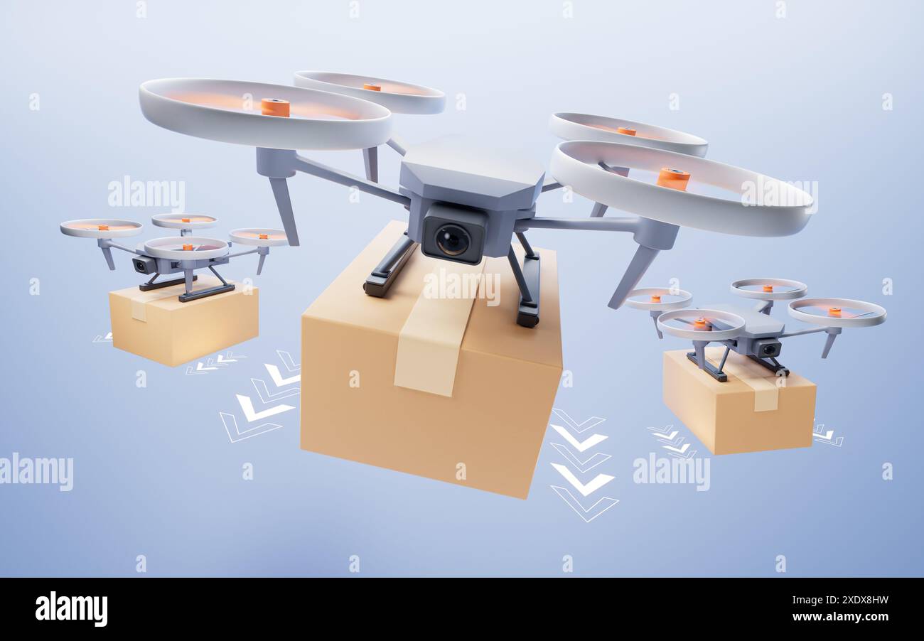 Realistic drone carrying the box, 3d rendering. 3D illustration Stock ...