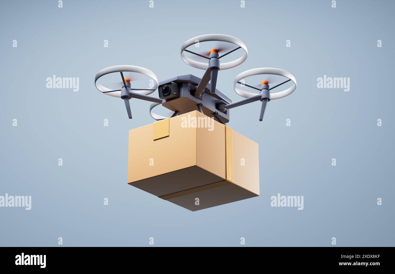 Realistic drone carrying the box, 3d rendering. 3D illustration Stock Photo - Alamy
